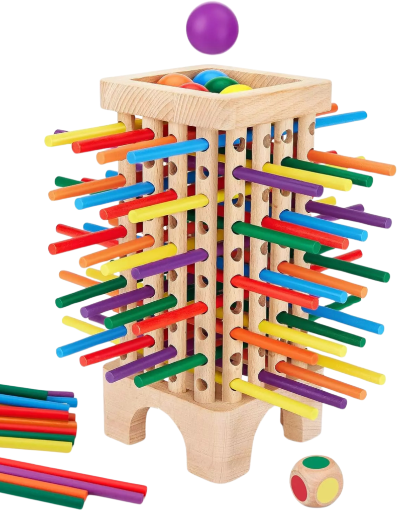 Torre de Madera con Palos de Colores Esferas y Dado7 – De Chiveo Didácticos